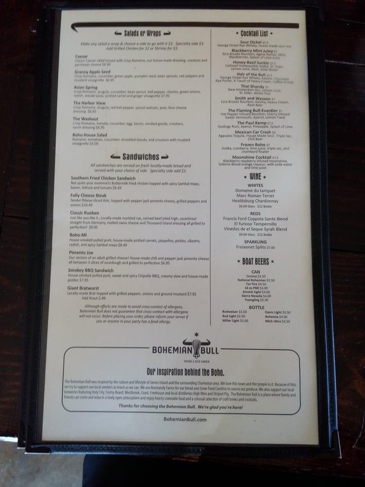 Menu at Bohemian Bull restaurant, Charleston