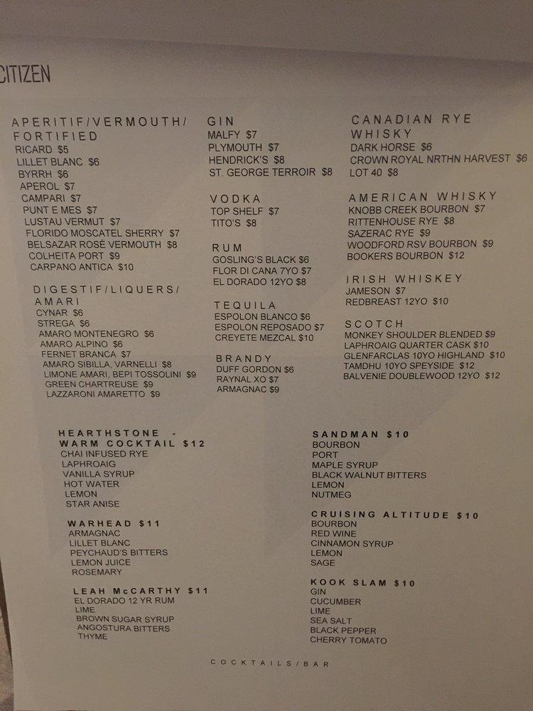 Menu at Citizen pub & bar, Ottawa