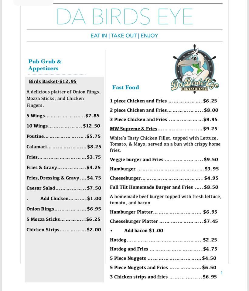 Menu at Da Birds Eye restaurant, Saint Bride's, 5 Main Street