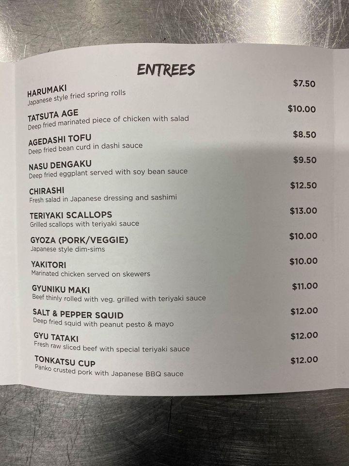 Menu at Japan Inn restaurant, Beaumaris