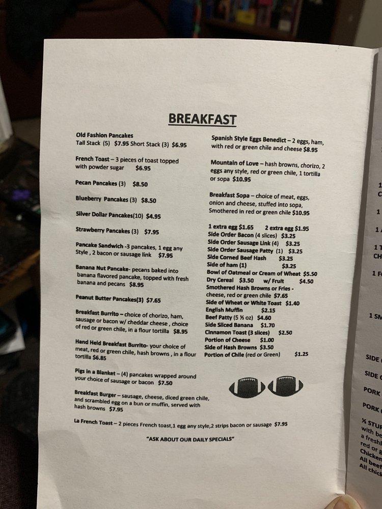 Menu at Ricky's restaurant, Taos