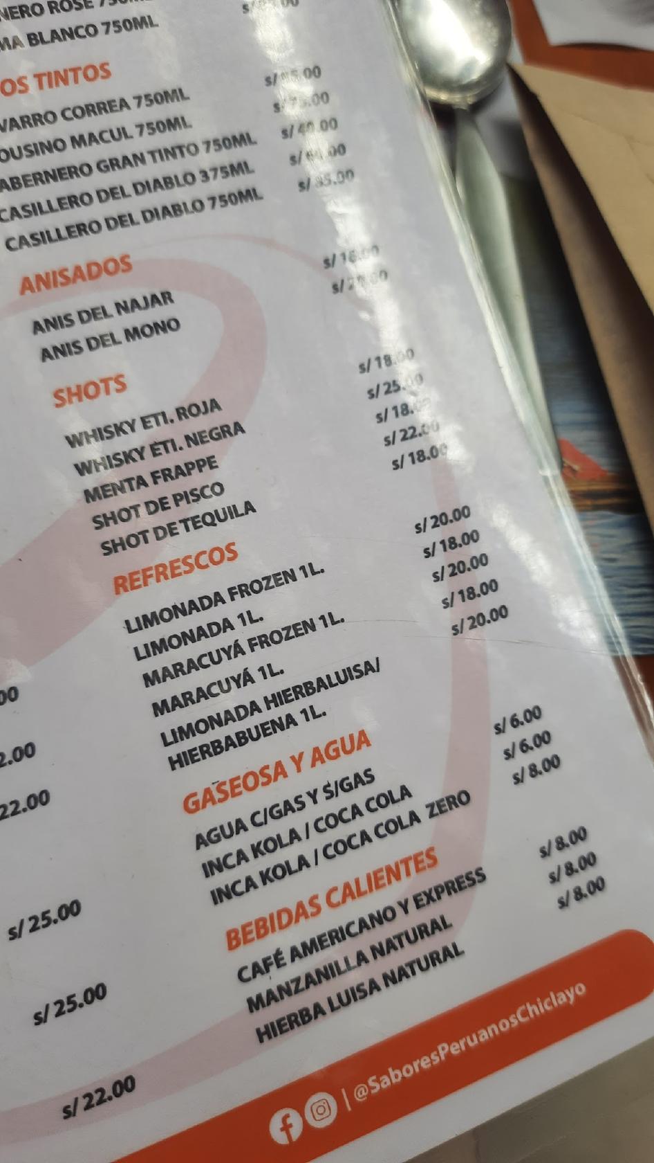 Carta del restaurante Sabores Peruanos, Chiclayo