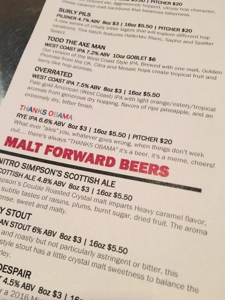 Menu at Surly Brewing Co. pizzeria, Minneapolis