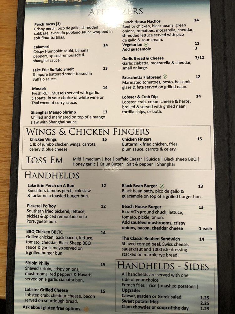 Menu at The Beach House steakhouse, Port Dover