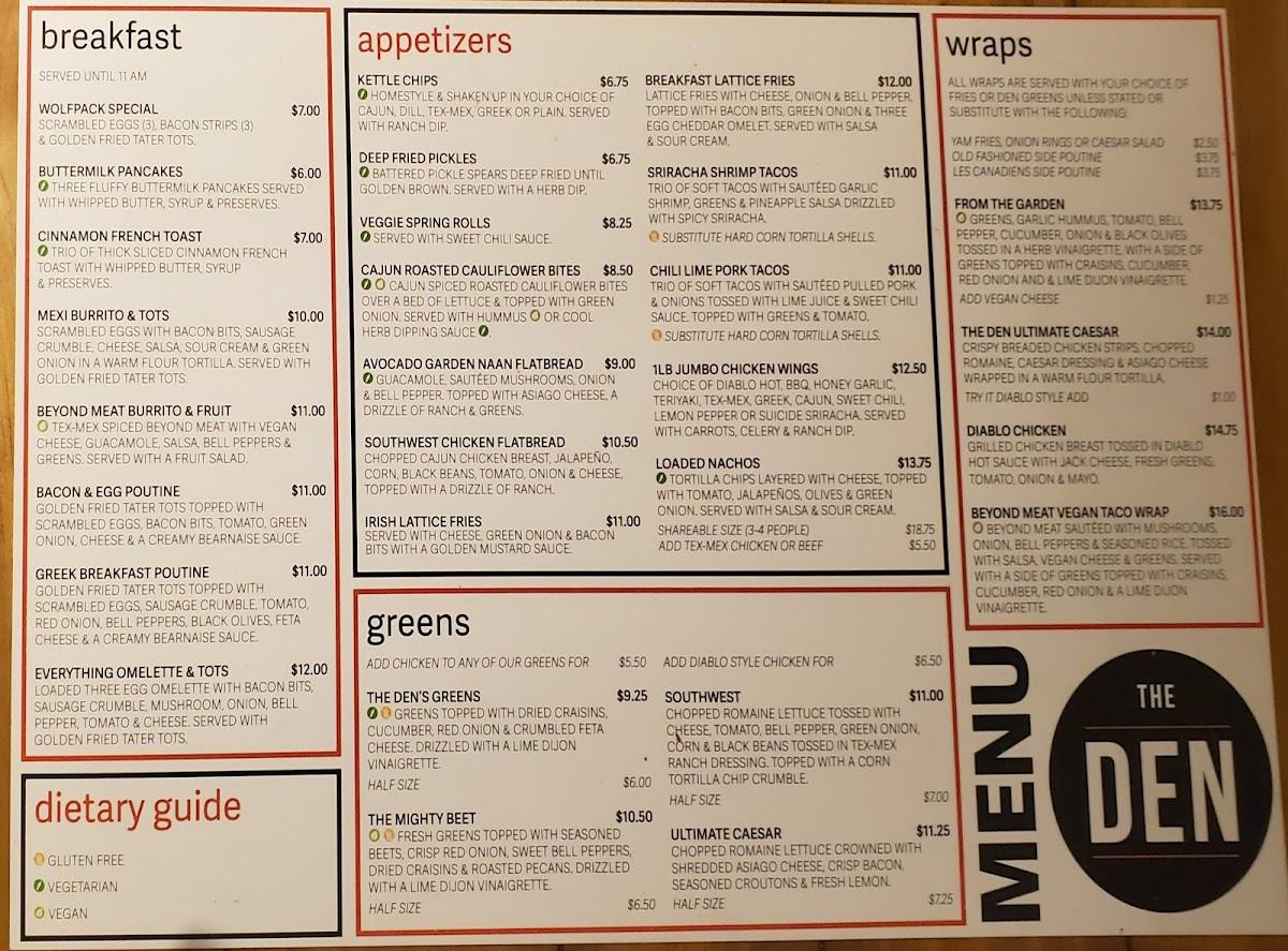 Menu at The Den Restaurant, Kamloops