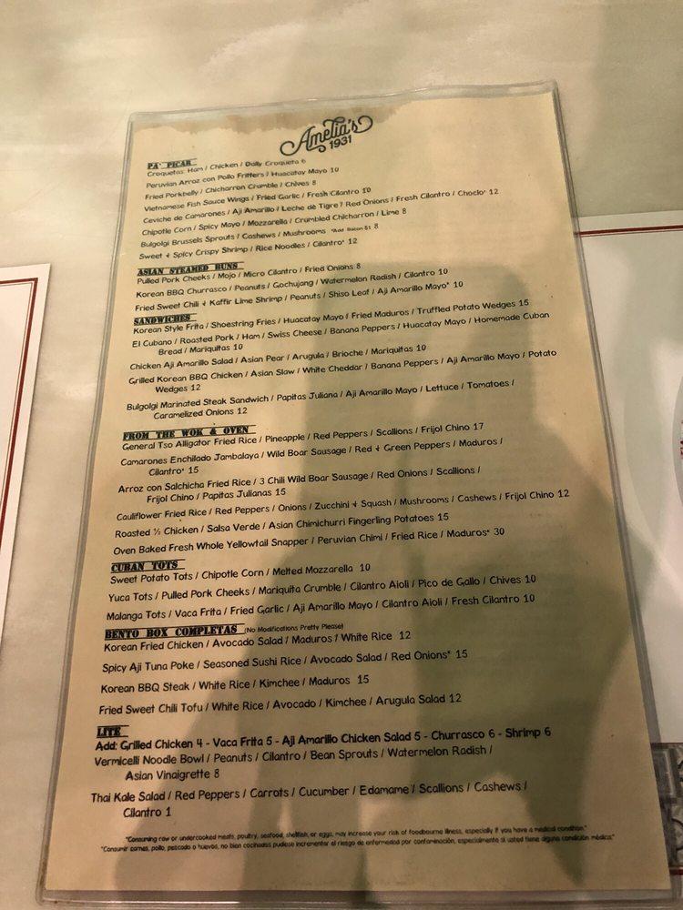 Menu at Amelia's 1931 restaurant, Tamiami, SW 26th St