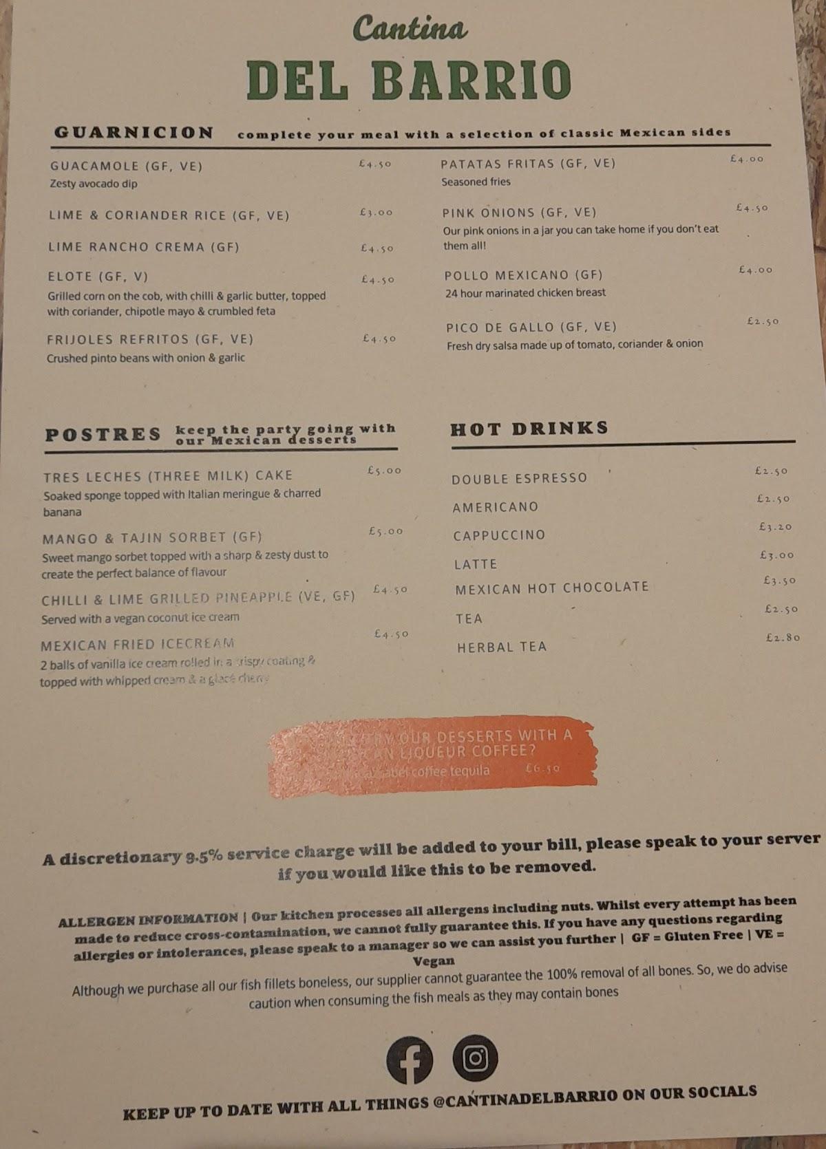 Menu at Cantina del Barrio, Cheltenham