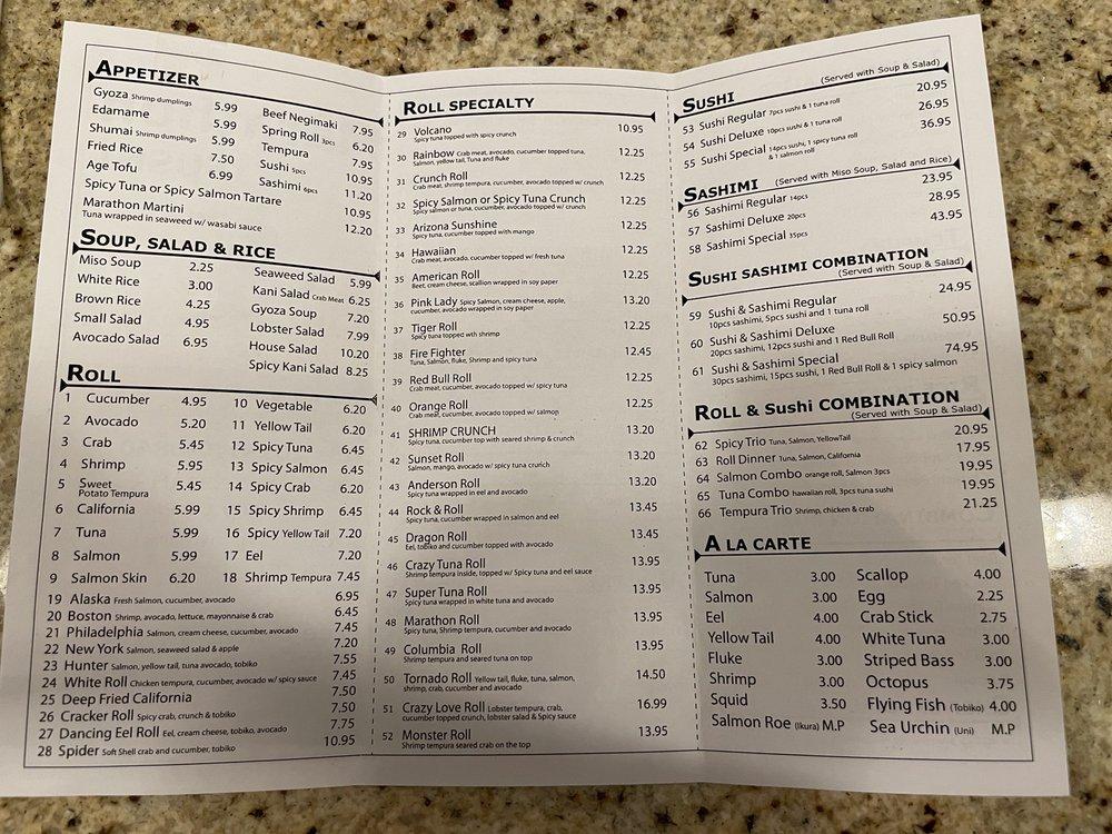 Menu at Marathon Sushi restaurant, Cliffside Park