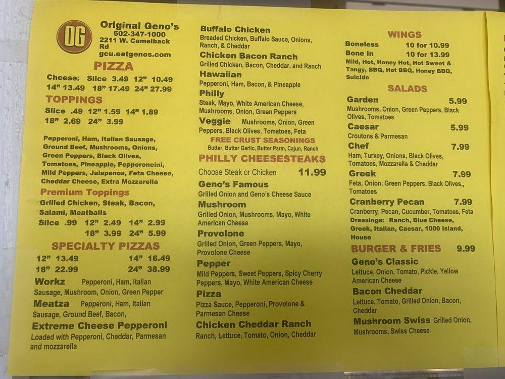 Menu at The Original Geno's pizzeria, Phoenix, W Camelback Rd #178
