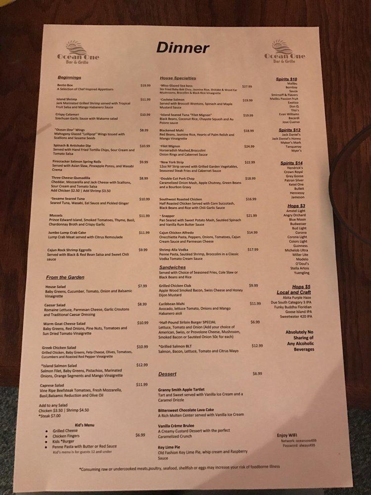 Menu at Ocean One Bar & Grille, Delray Beach