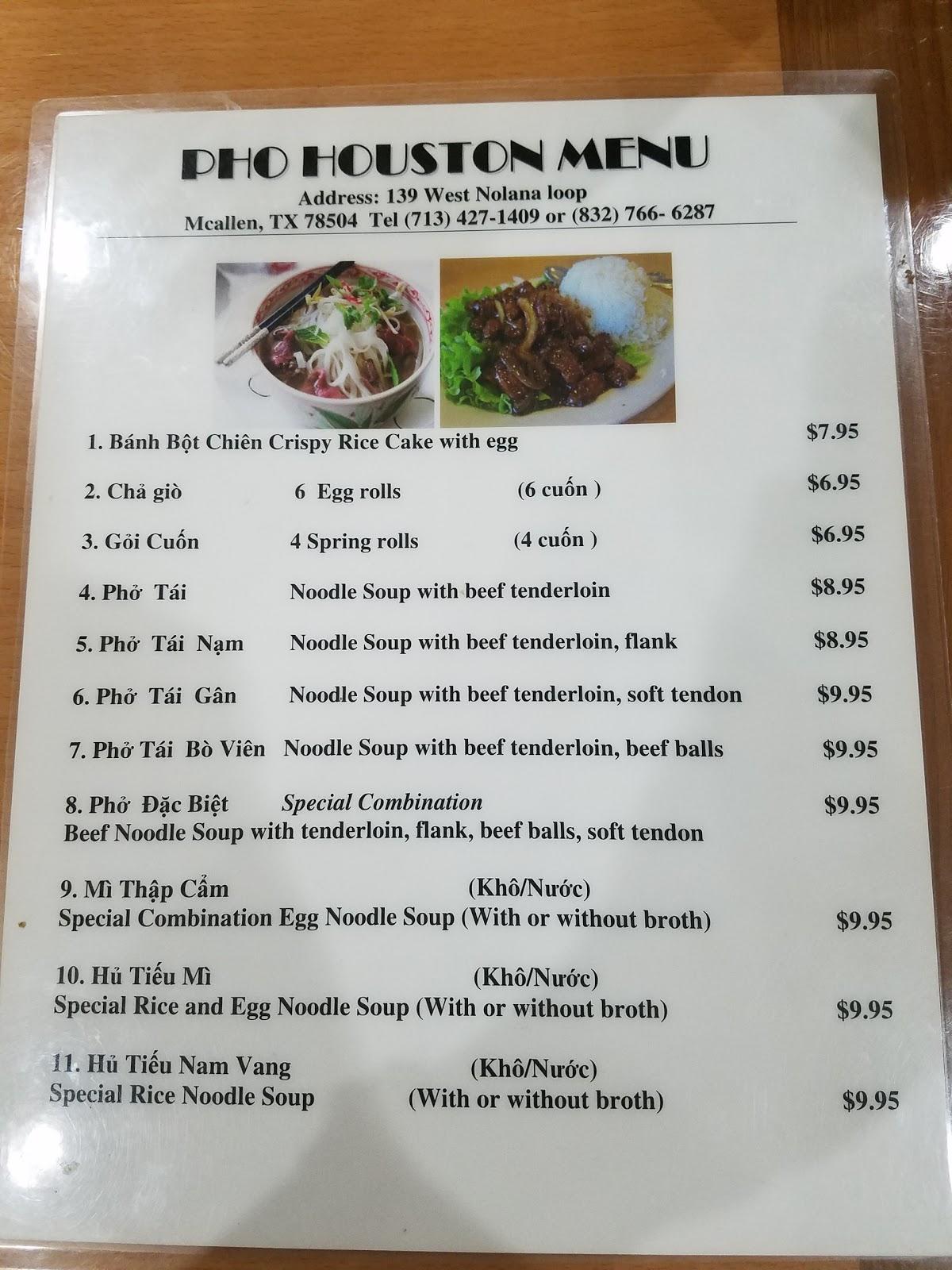 Menu at Phở Houston restaurant, McAllen