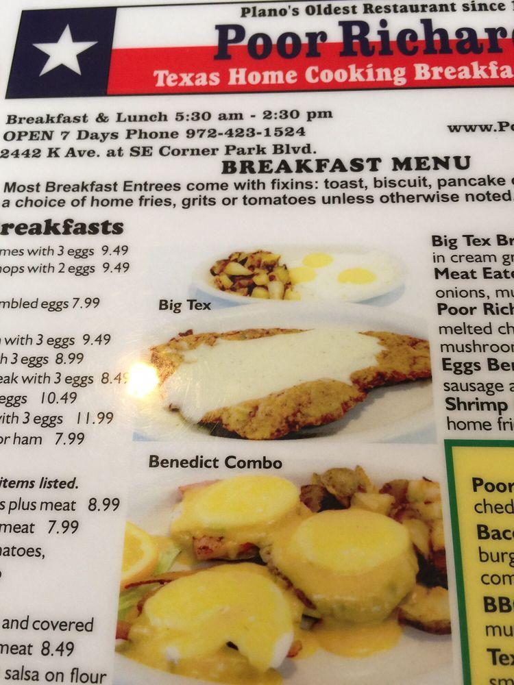 Menu at Poor Richard's Cafe, Plano