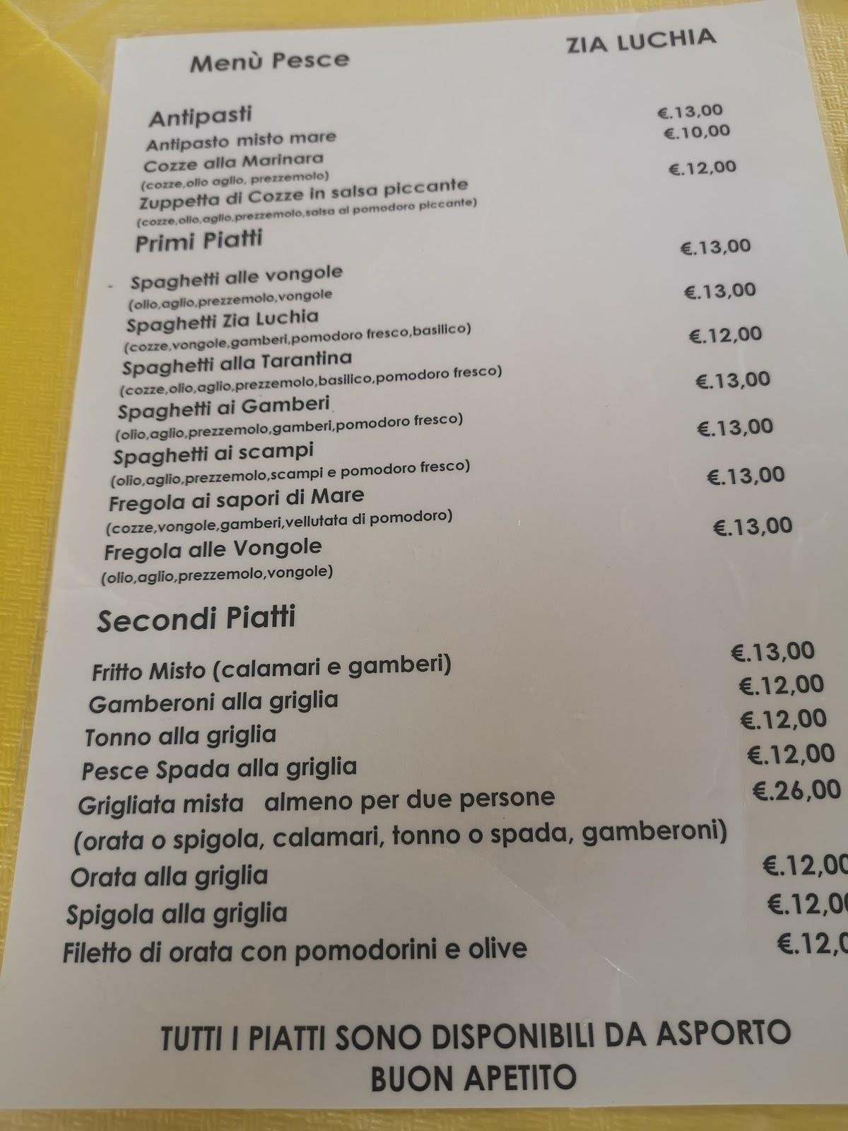 Menu au Zia Luchia restaurant, Santa Lucia