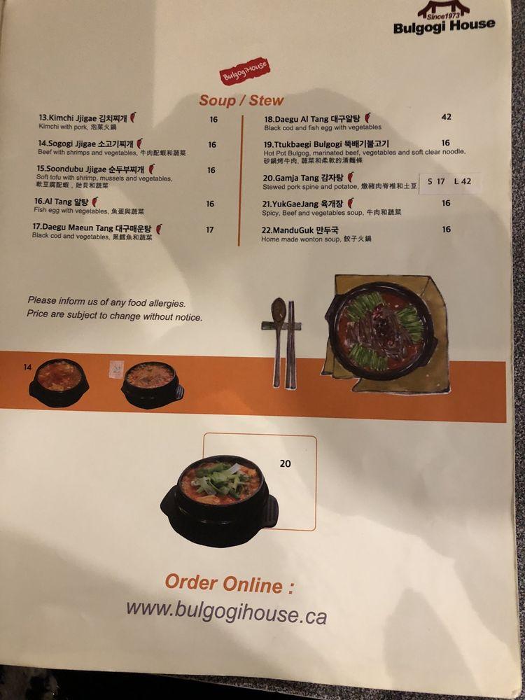 Menu at Bulgogi House restaurant, Edmonton