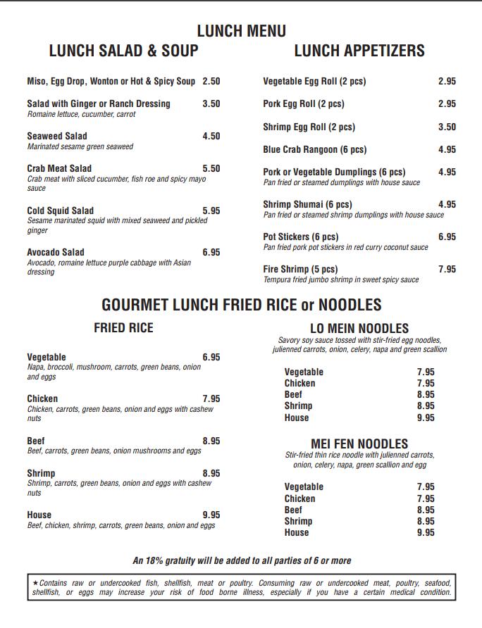 Menu at Calabash Gourmet And Sushi Bar, Calabash, Beach Dr SW