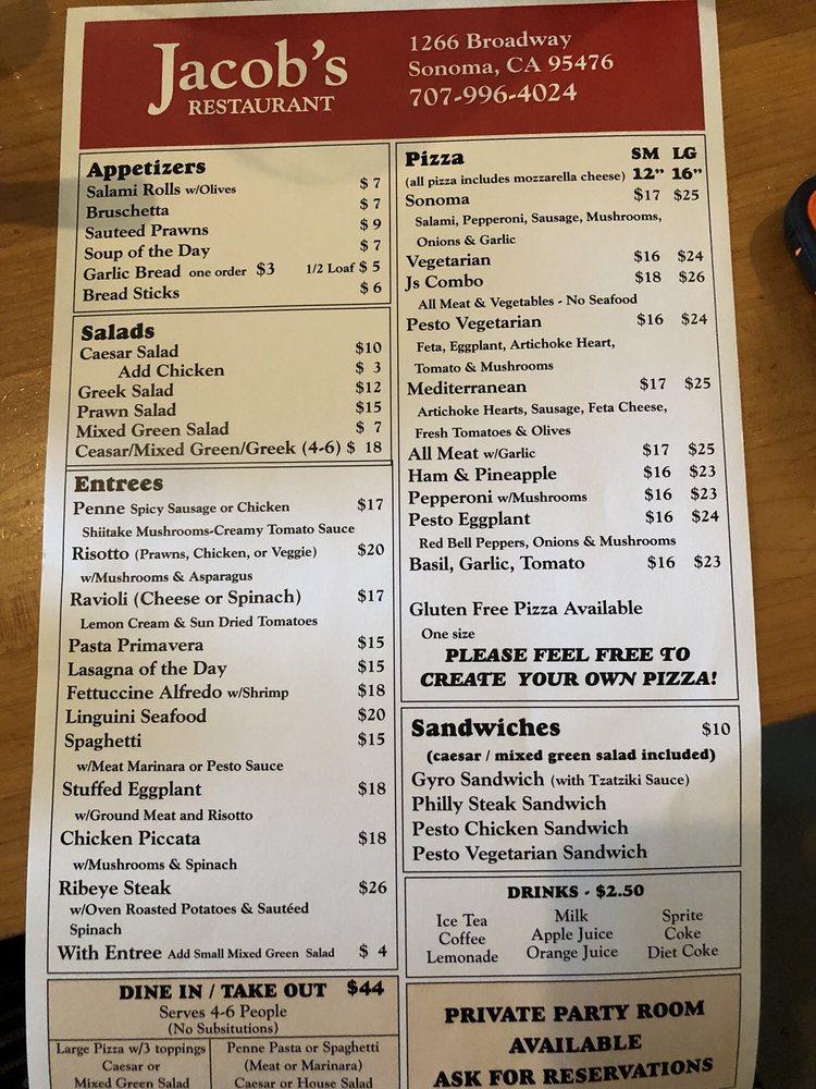 Menu at Jacob’s Restaurant, Sonoma