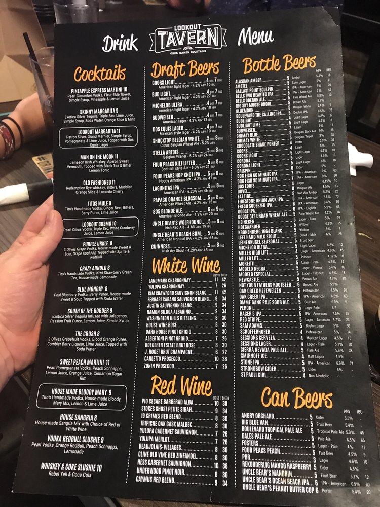 Menu at Lookout Tavern pub & bar, Phoenix