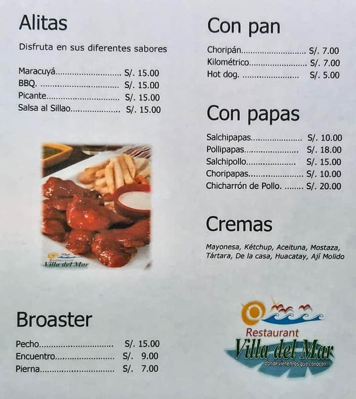 Carta de Restaurante Villa del Mar, Sullana