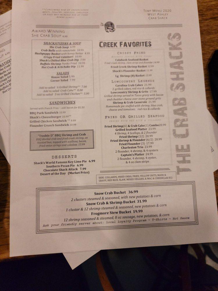 Menu at The Crab Shack restaurant, Charleston, Ashley River Rd