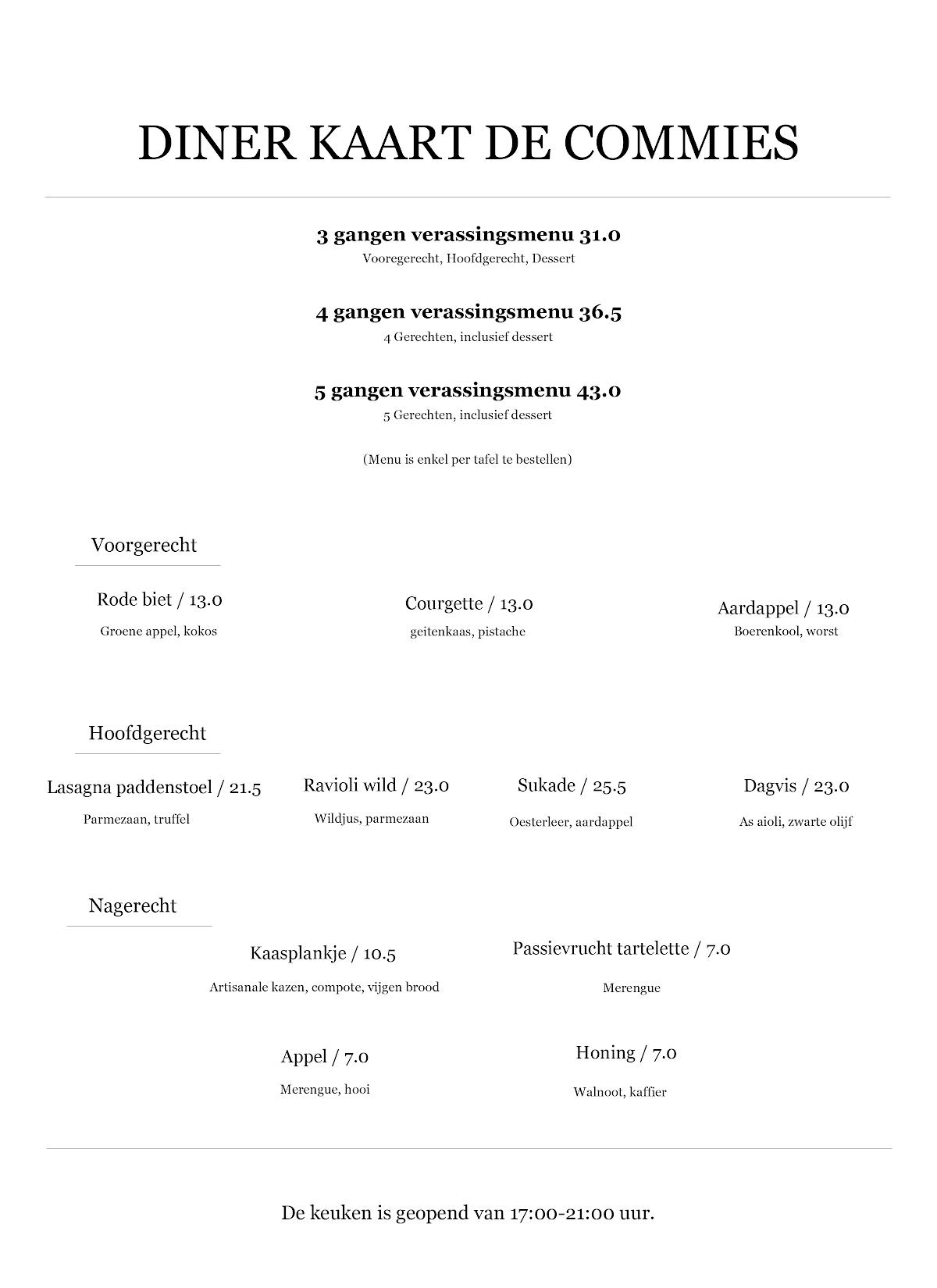 Menu at restaurant De Commies, Tolkamer