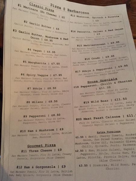 Menu at Barbs Pizza, Middlesbrough