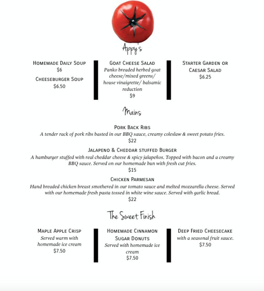 Menu at Butler's restaurant, Ingleside, 23 Thorold Ln