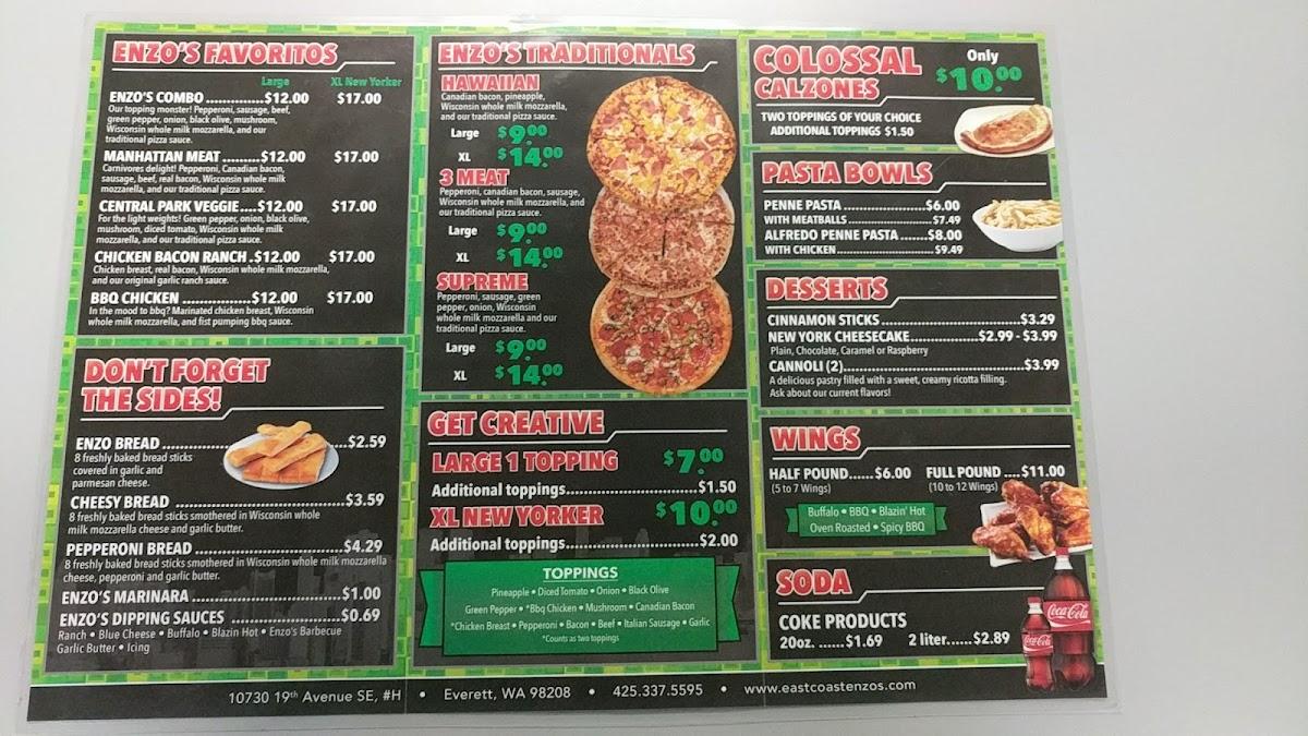 Menu at East Coast Enzo's Pizza pizzeria, Everett