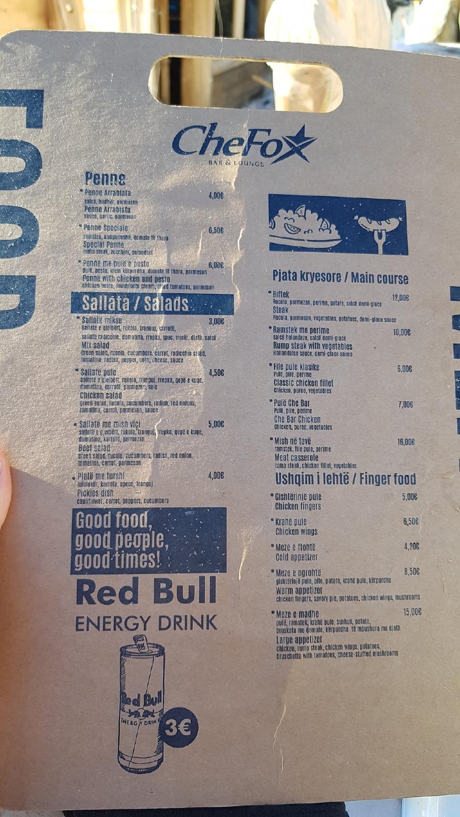 Menu at Fox cafe, Kosovo, Rruga e Brezovicës