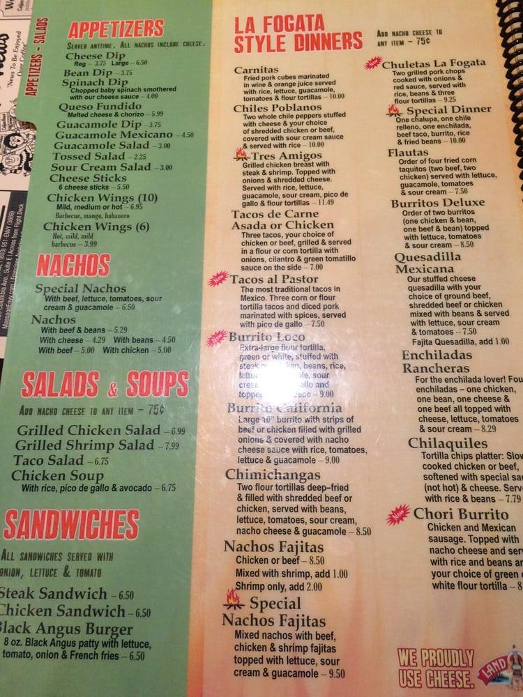 Menu at La Fogata Mexican Restaurant, West Columbia