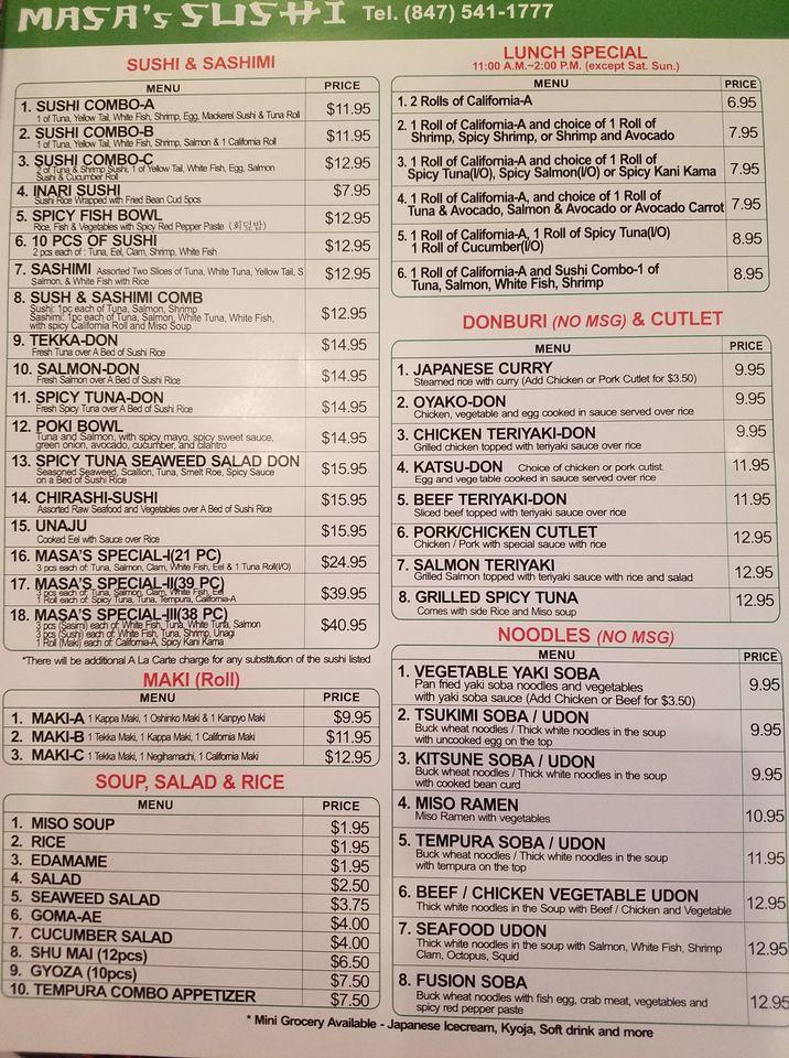 Menu at Masa's Sushi restaurant, Buffalo Grove