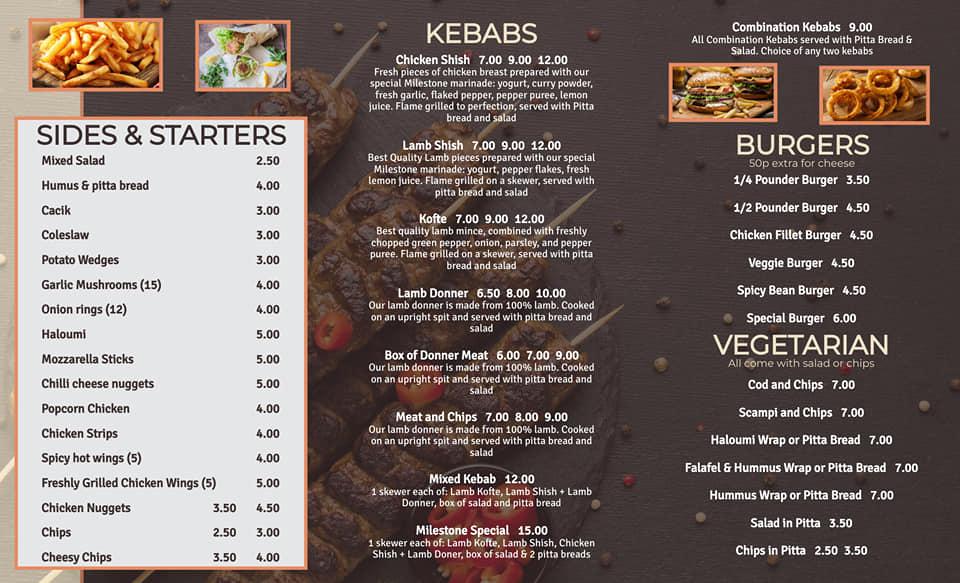 Menu at Milestone Kebab restaurant, Dartford