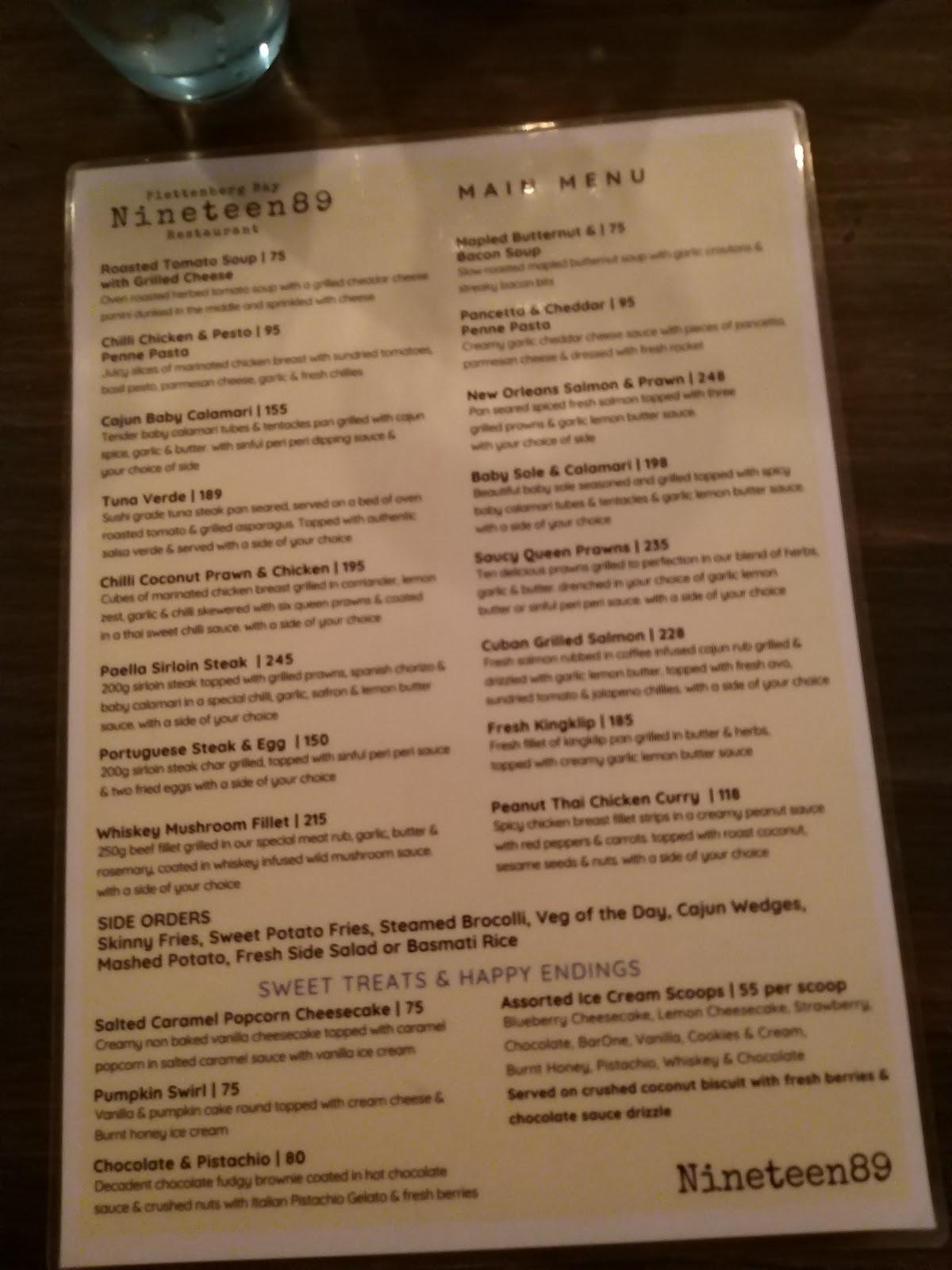 Menu at Nineteen 89 restaurant, Plettenberg Bay