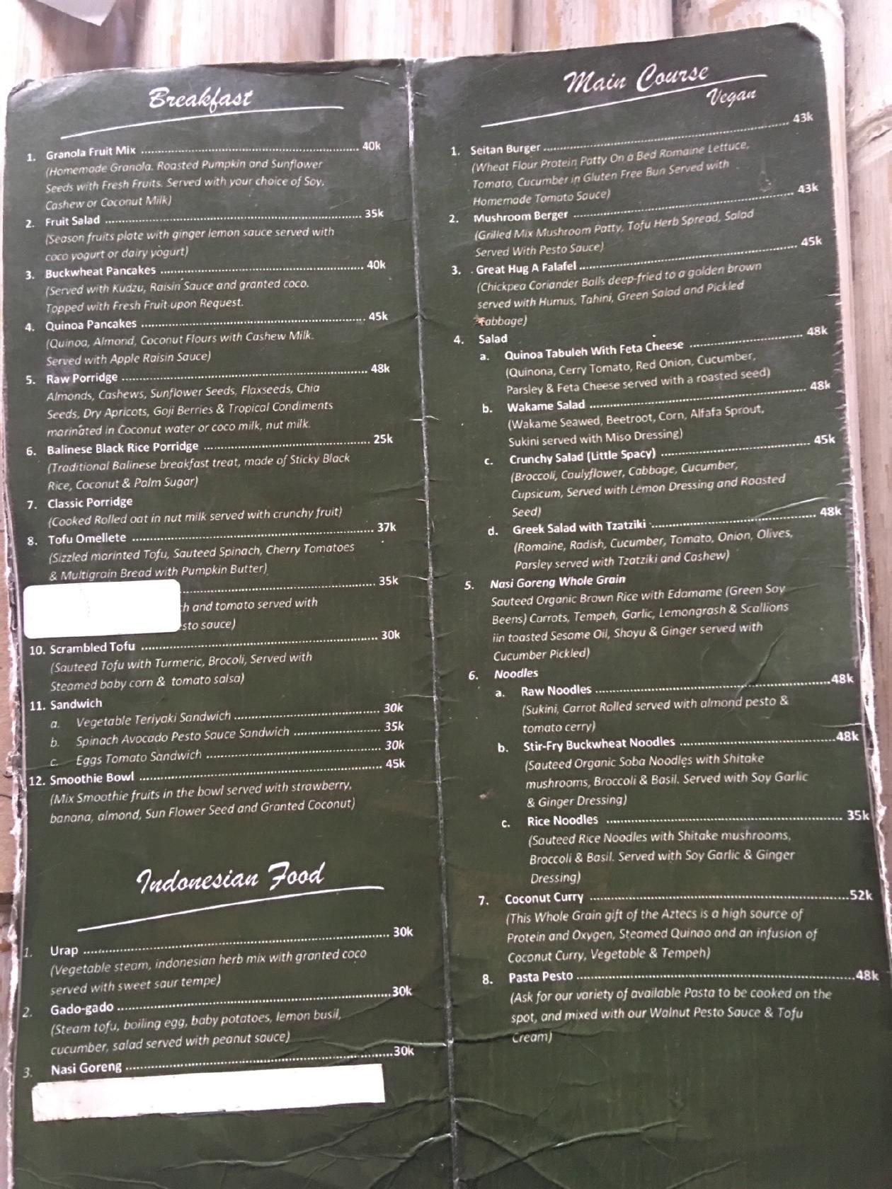 Menu at Oma Jamu - Healing house restaurant, Canggu
