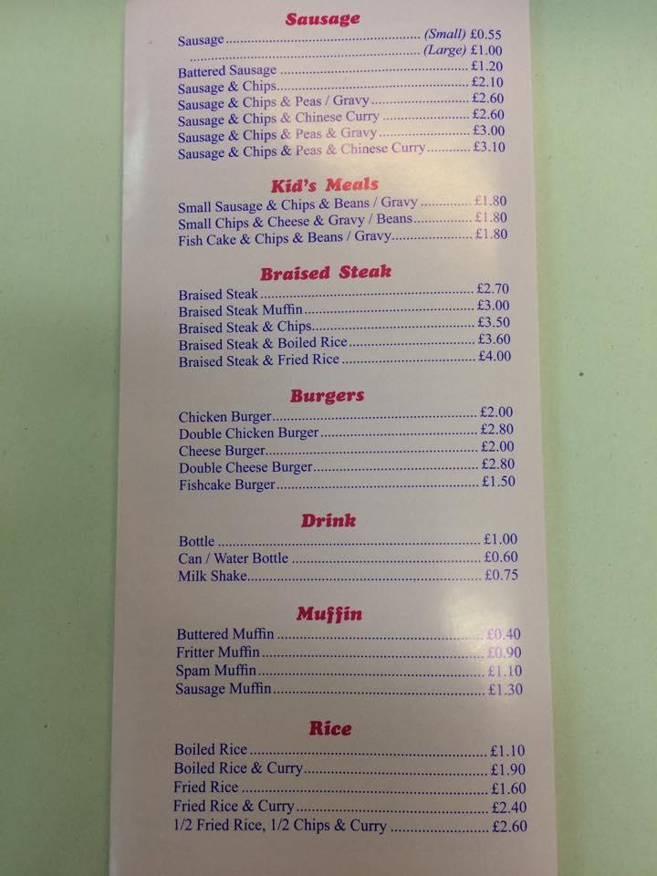 Menu at P.T.'s Chippy restaurant, Oldham
