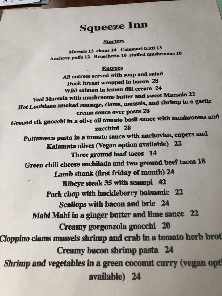 Menu at Squeeze inn restaurant, Clark Fork