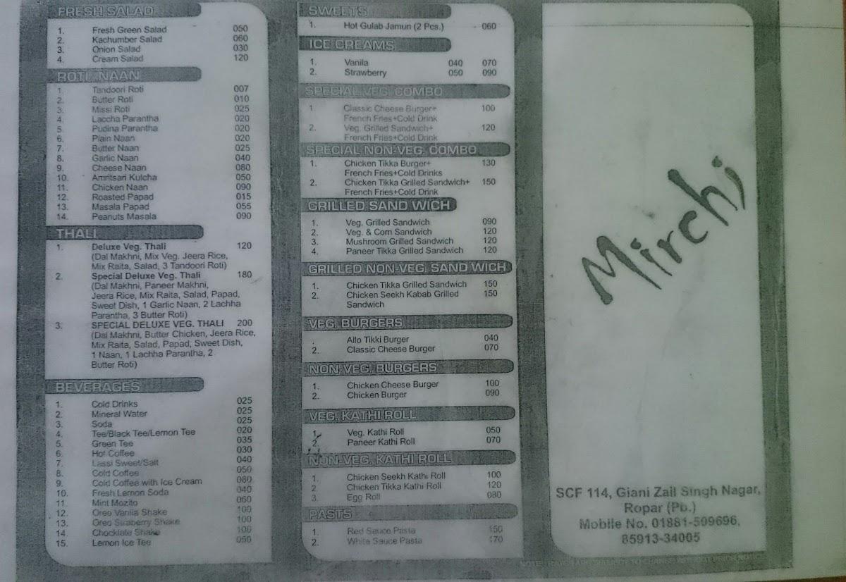 Menu at The Mirchi Restaurant, Rupnagar