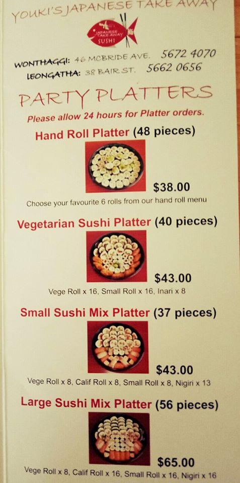 Menu at Youki's Japanese Take Away restaurant, Wonthaggi