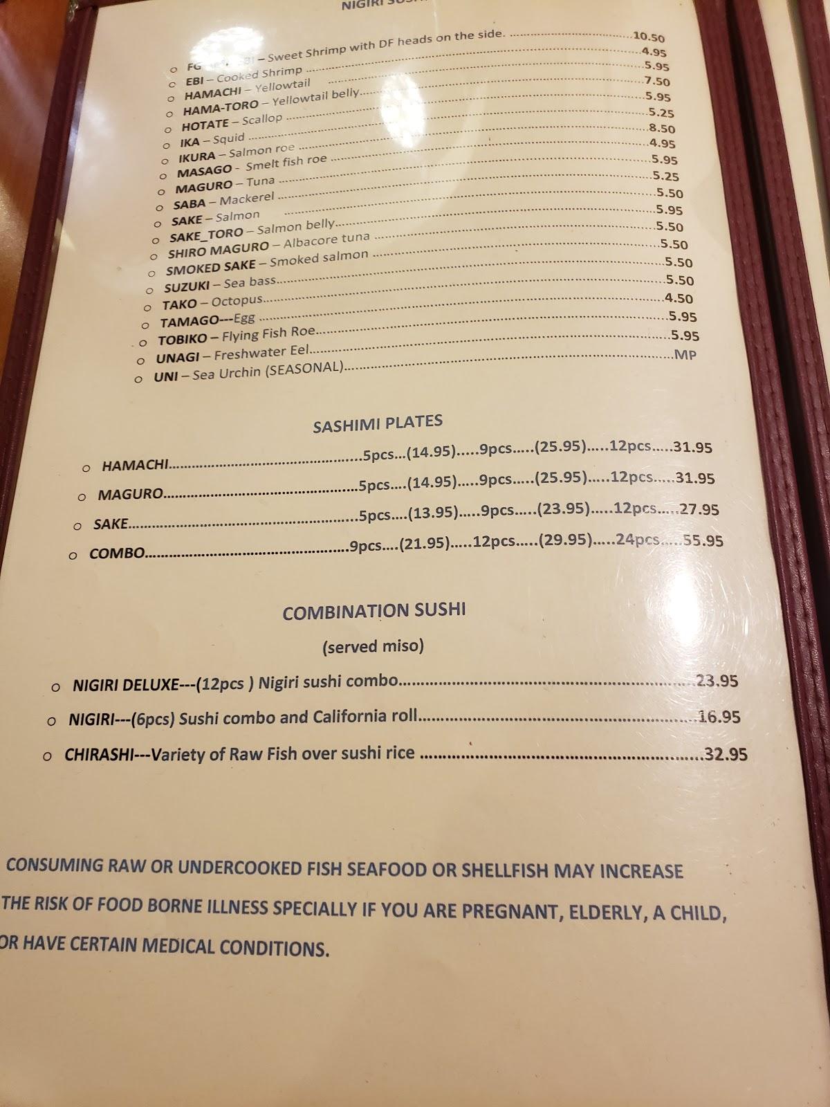 Menu at Aozora Sushi restaurant, Grass Valley