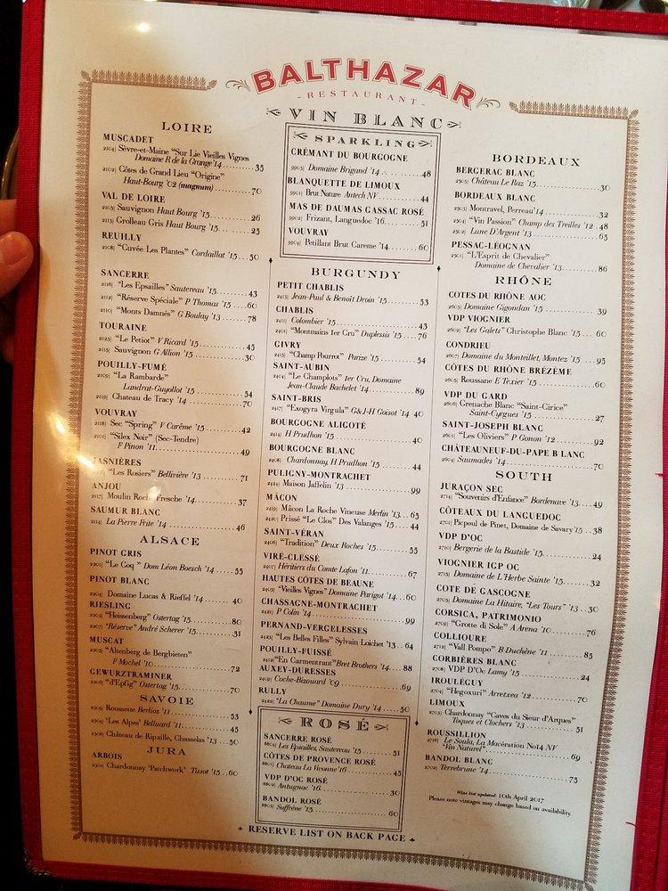 Menu at Balthazar restaurant, London