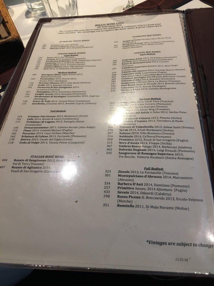 Menu at Becco restaurant, West New York