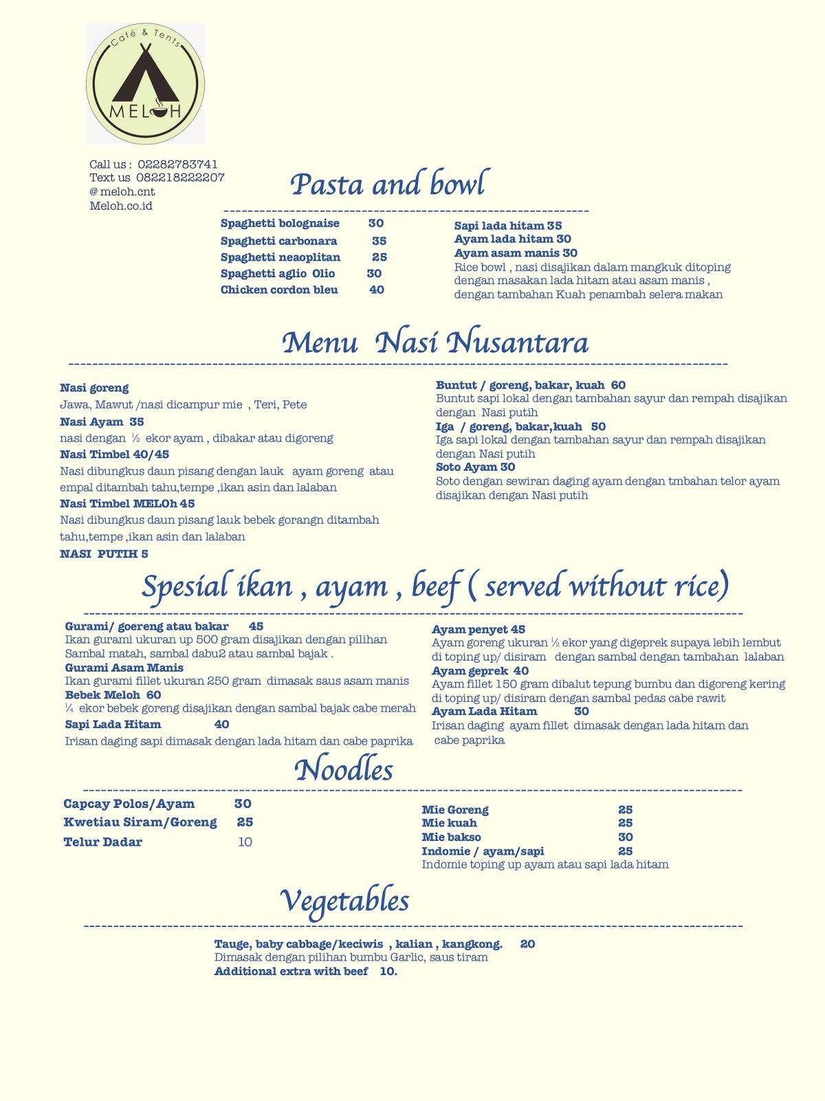 Menu at Meloh Cafe & Tent, Lembang