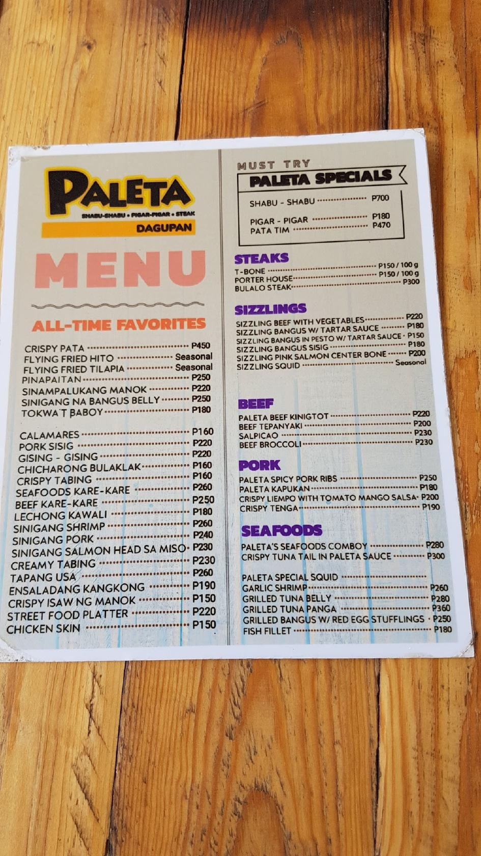 Menu at Paleta Dagupan restaurant, Dagupan