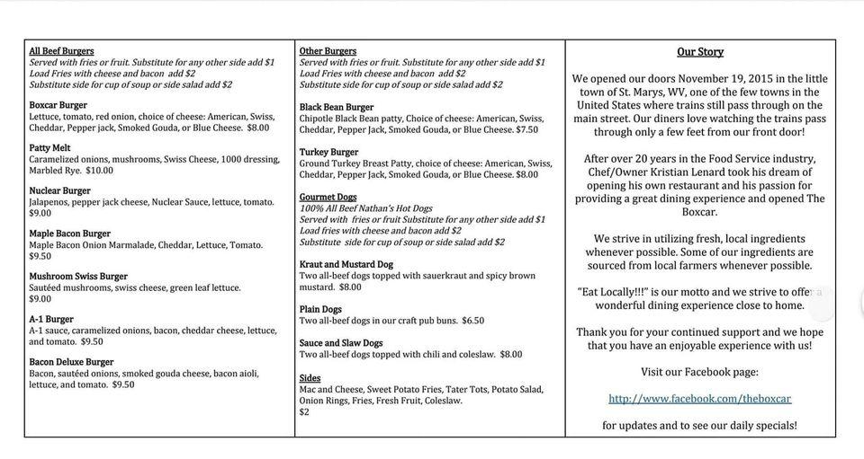 Menu at The Boxcar of Saint Marys restaurant, Saint Marys