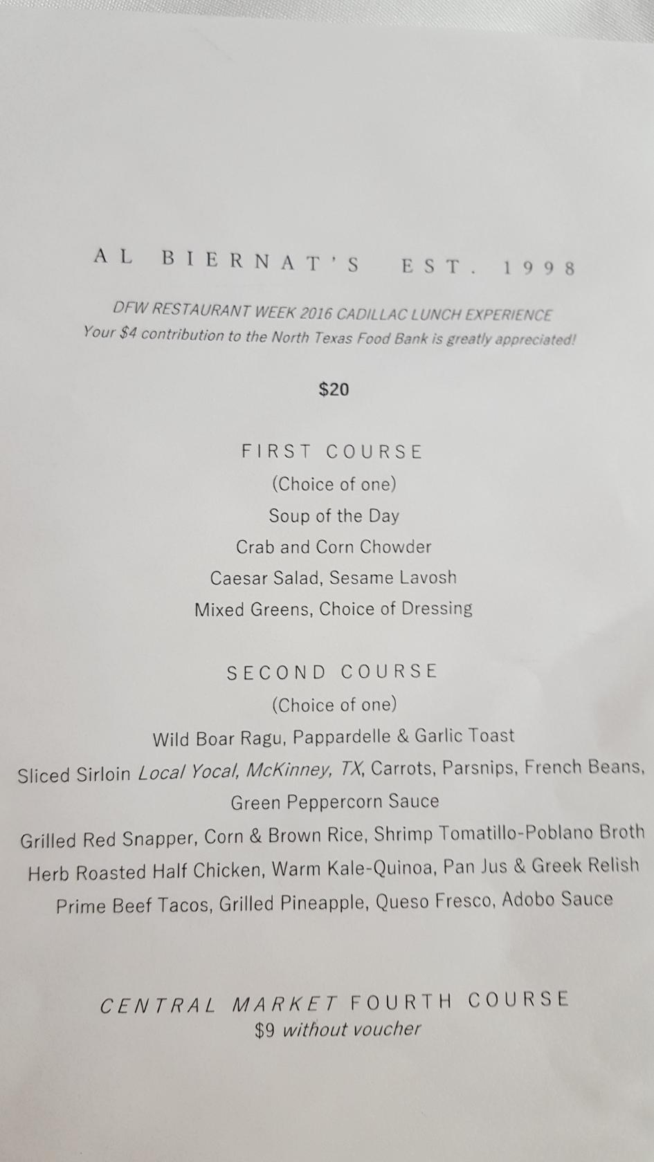 Menu at Al Biernat's steakhouse, Dallas