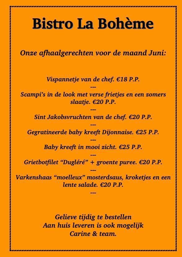 Menu at Bistro La Boheme, Tielt