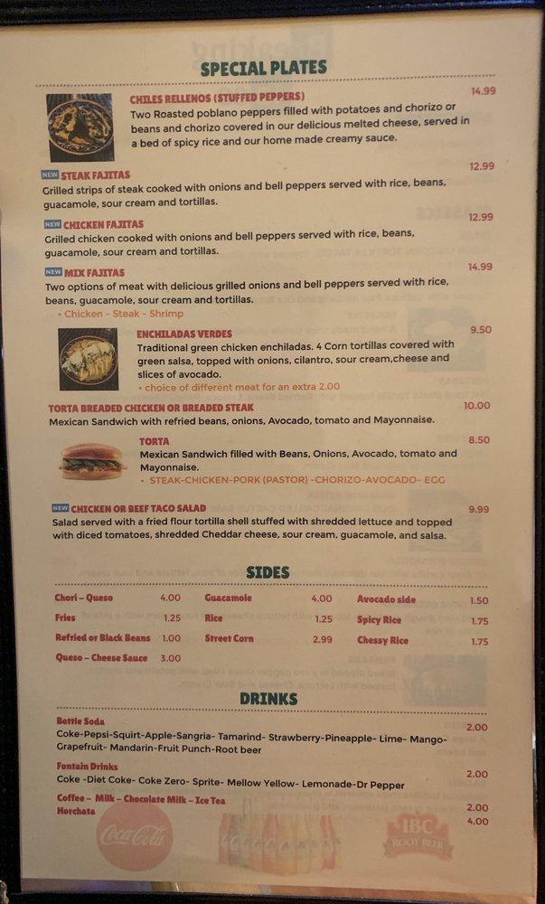 Menu at Breaking Taco restaurant, Mahomet