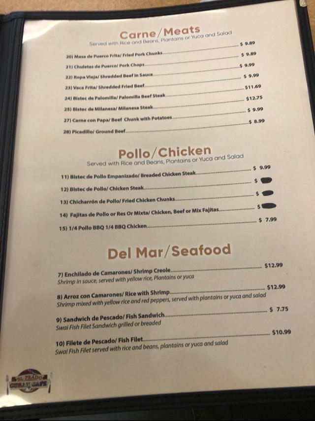 Menu at El Prado Cuban Cafe, Belle Glade
