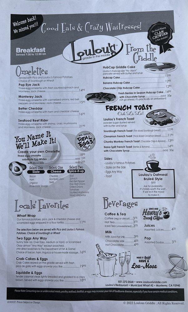 Menu at Loulou's Griddle In the Middle restaurant, Monterey, Municipal ...