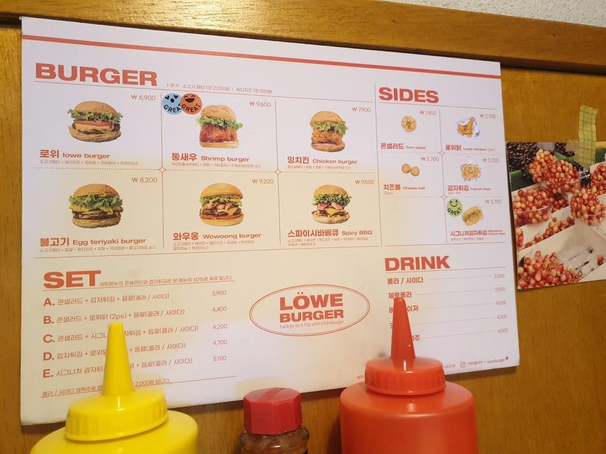 Menu at Lowe Burger restaurant, Busan