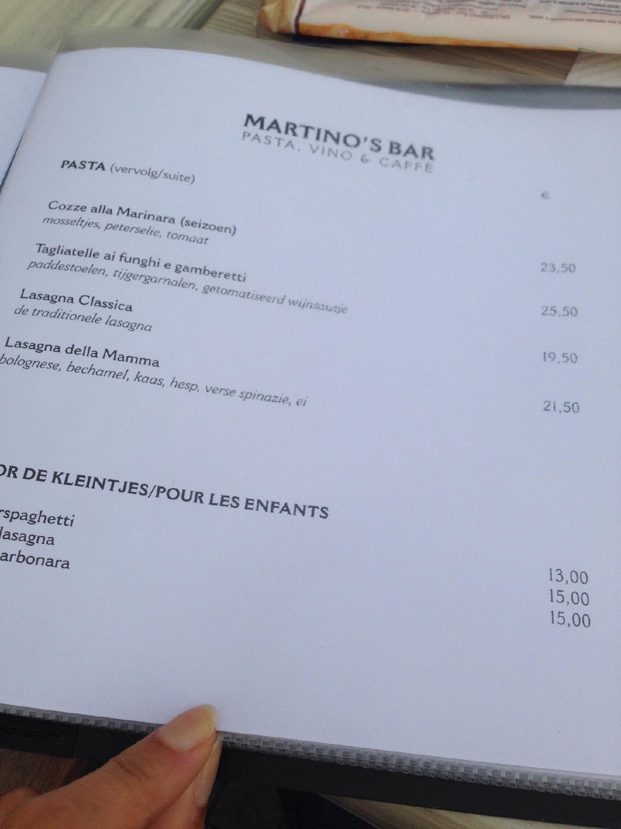 Menu at Martino's Bar, Nieuwpoort